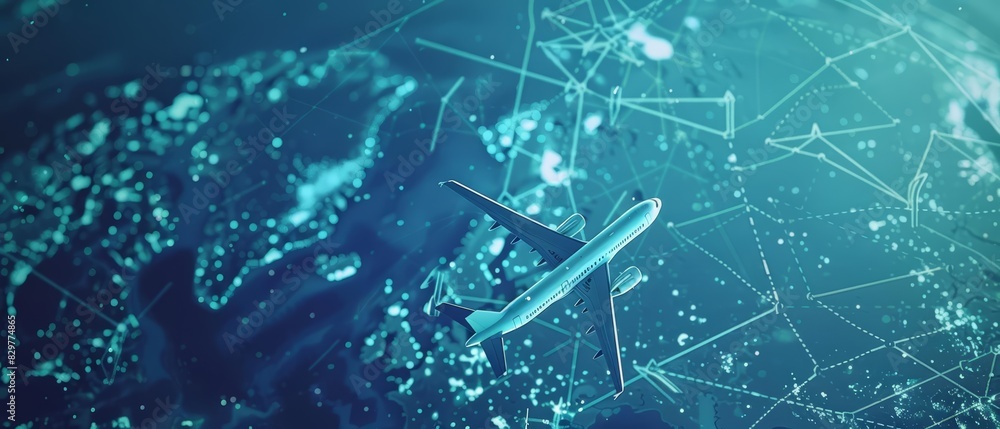 An aerial view of an airplane flying over a stylized digital map with ...