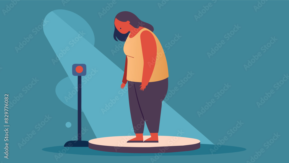 A person standing on a scale anxiously waiting for the number to appear ...