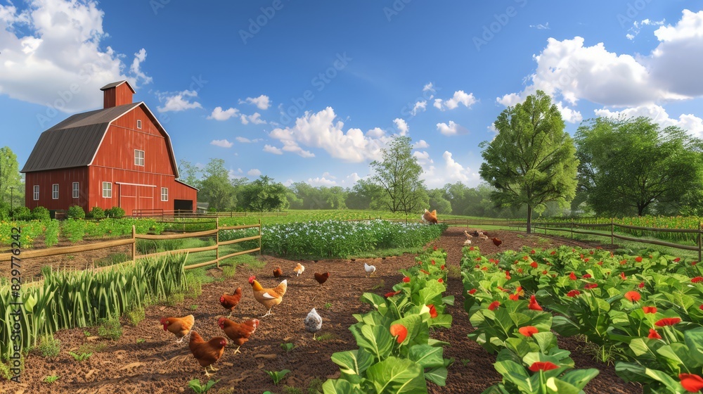 A picturesque farm scene features a barn, fields of crops, and a flock ...