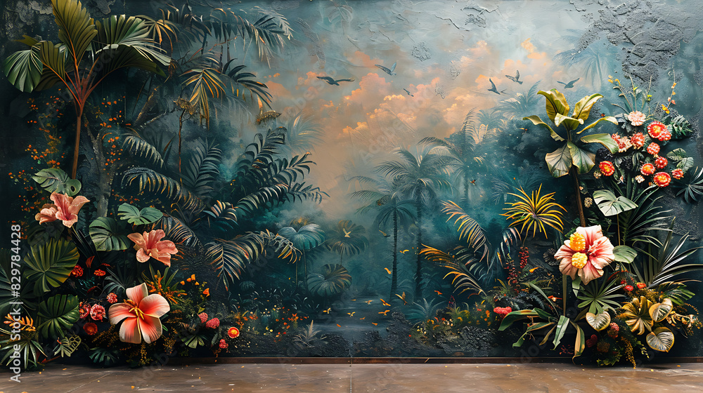 printable mural featuring a panoramic view of a lush tropical jungle ...