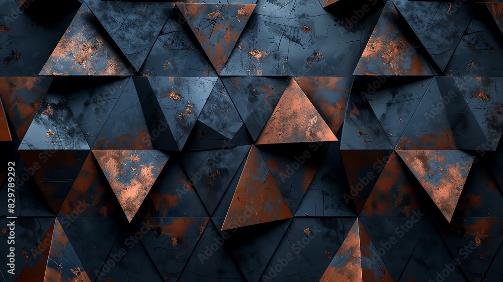 Abstract background of dark blue and copper triangles, triangular geometric wallpaper with rust ...