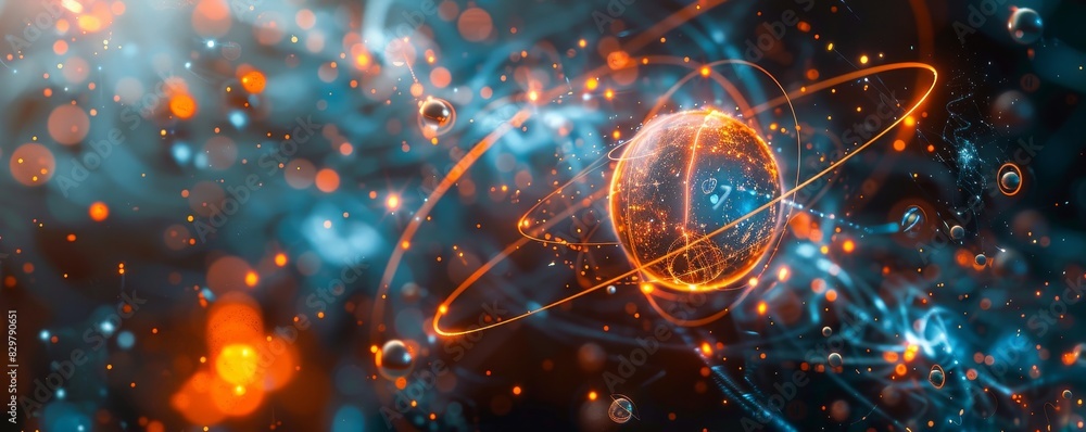 Detailed atomic structure with vibrant protons, neutrons, and electrons ...