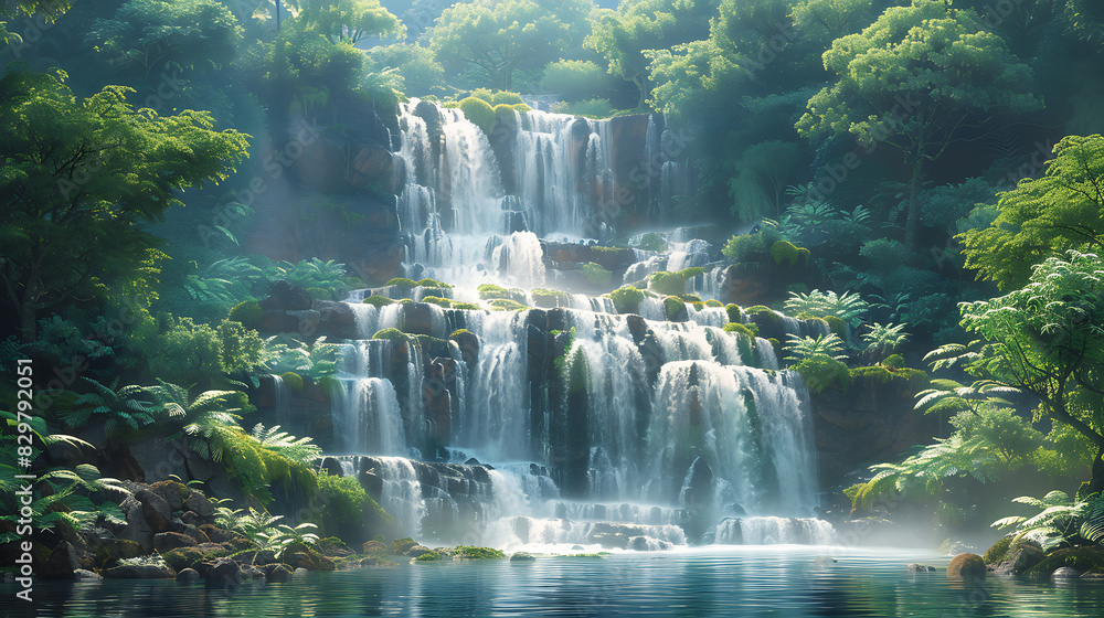 printable mural of a majestic waterfall in the heart of the jungle with ...