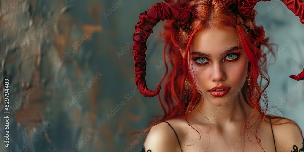 Woman wearing devil costume with horns for Halloween looking ...