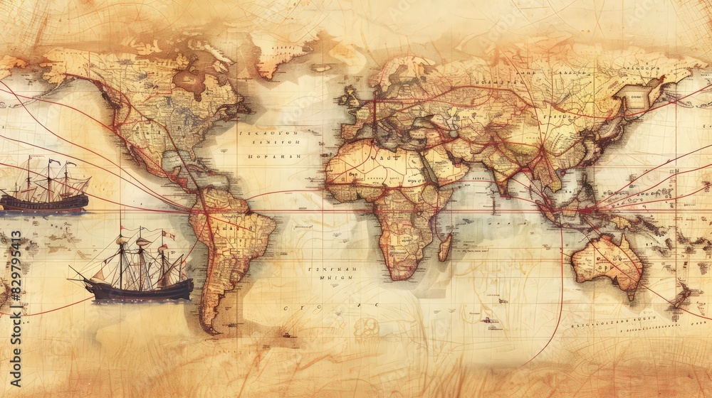 Illustrate a world map indicating the major trade routes used ...