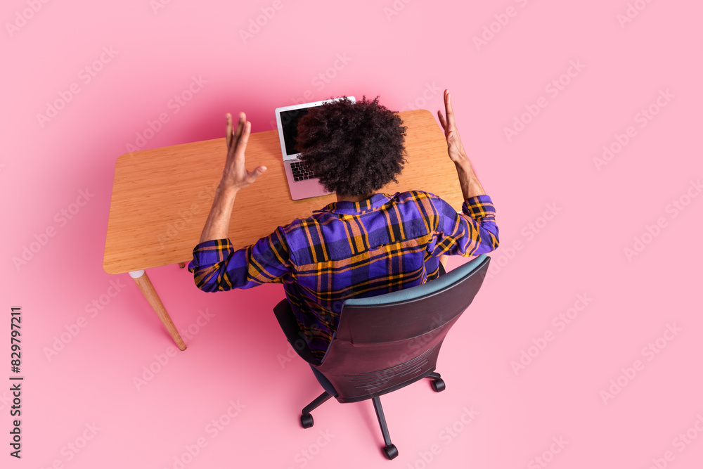 Back view top photo of guy sit desk working laptop feel upset raise ...