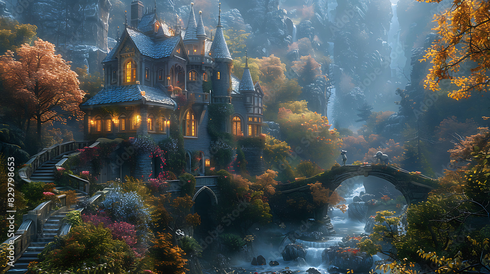 printable mural of enchanting fairy tale castle turrets towers winding ...