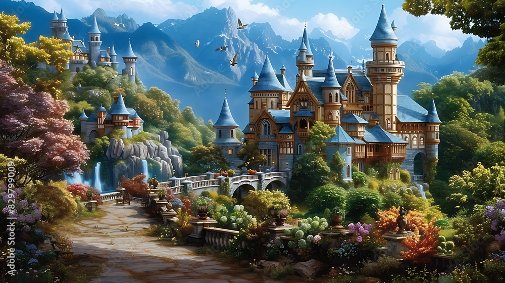 printable mural of enchanting fairy tale castle turrets towers winding ...