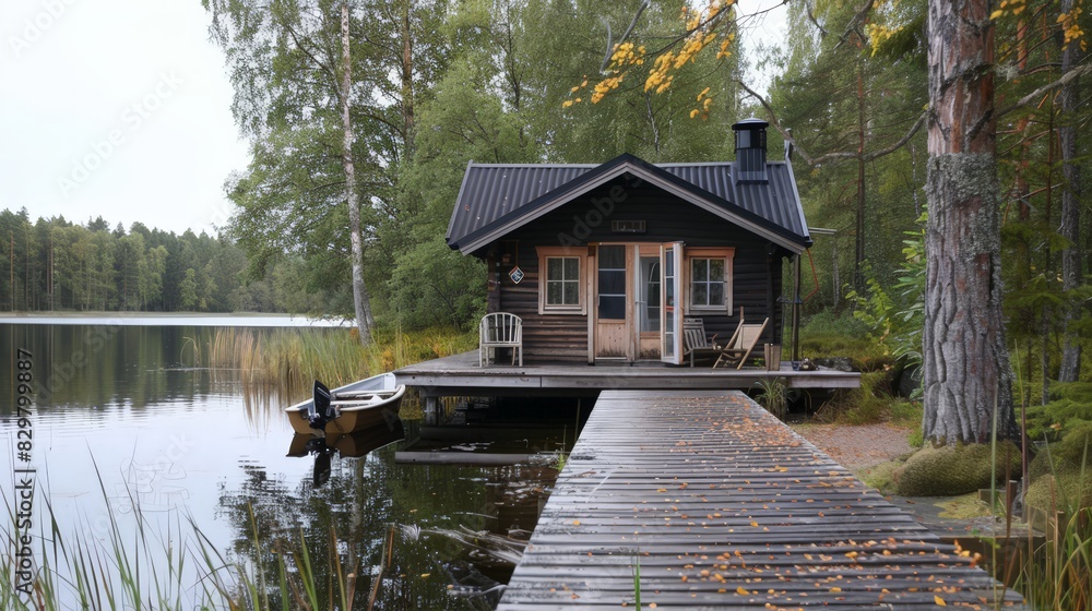 Nestled by the lake, a traditional Finnish sauna cottage made of wood ...