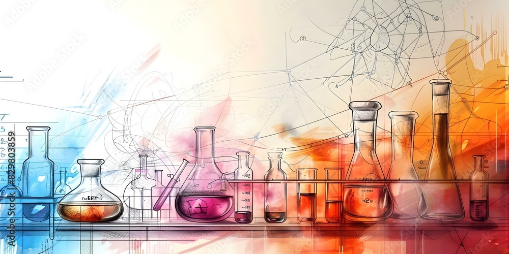 Drawing of chemistry lab with glass bottles flasks and lab equipment ...