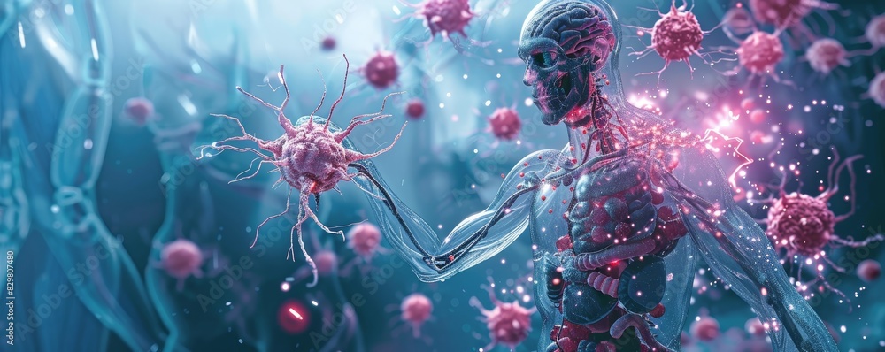 Human anatomy with vibrant immune cells and pathogens. This artistic ...