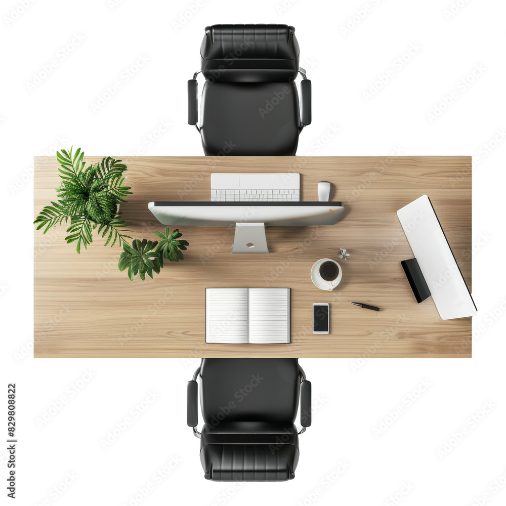 top view of modern office desk setup with chairs, keyboard, and coffee ...