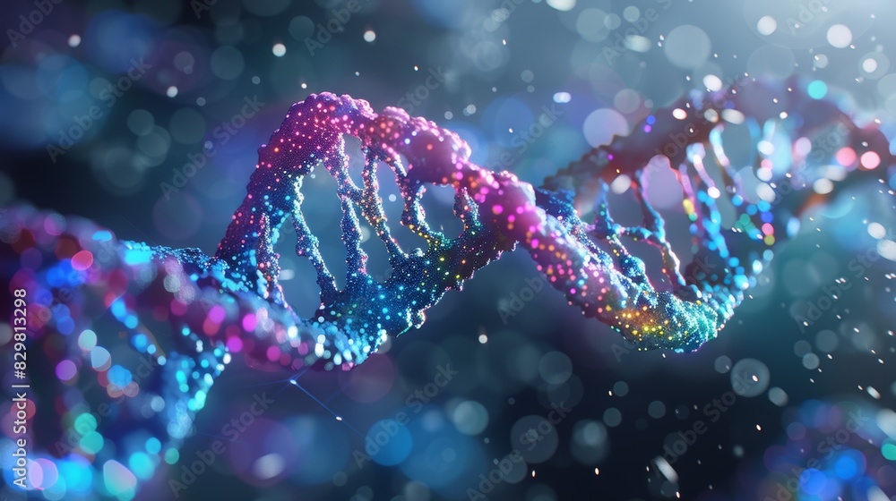 A 3D rendering of a DNA double helix molecule, with vibrant colors ...