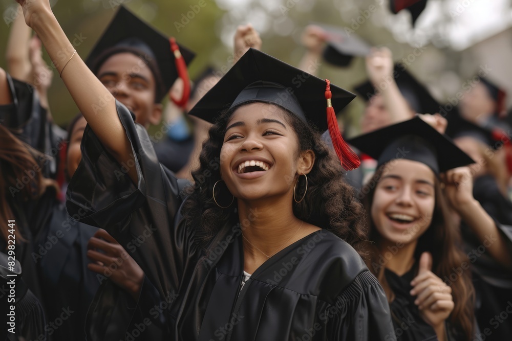 Group of happy diverse graduates in black caps and gowns, lifting their ...
