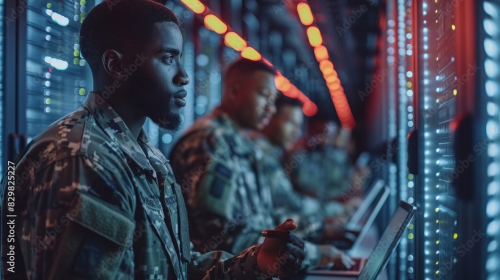 Military personnel in uniform working on computers in a high-tech data ...