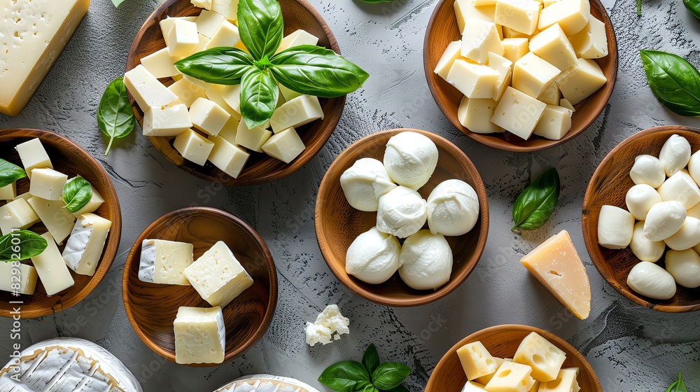 Top view of various types and shapes of cheese in wooden bowls on a ...