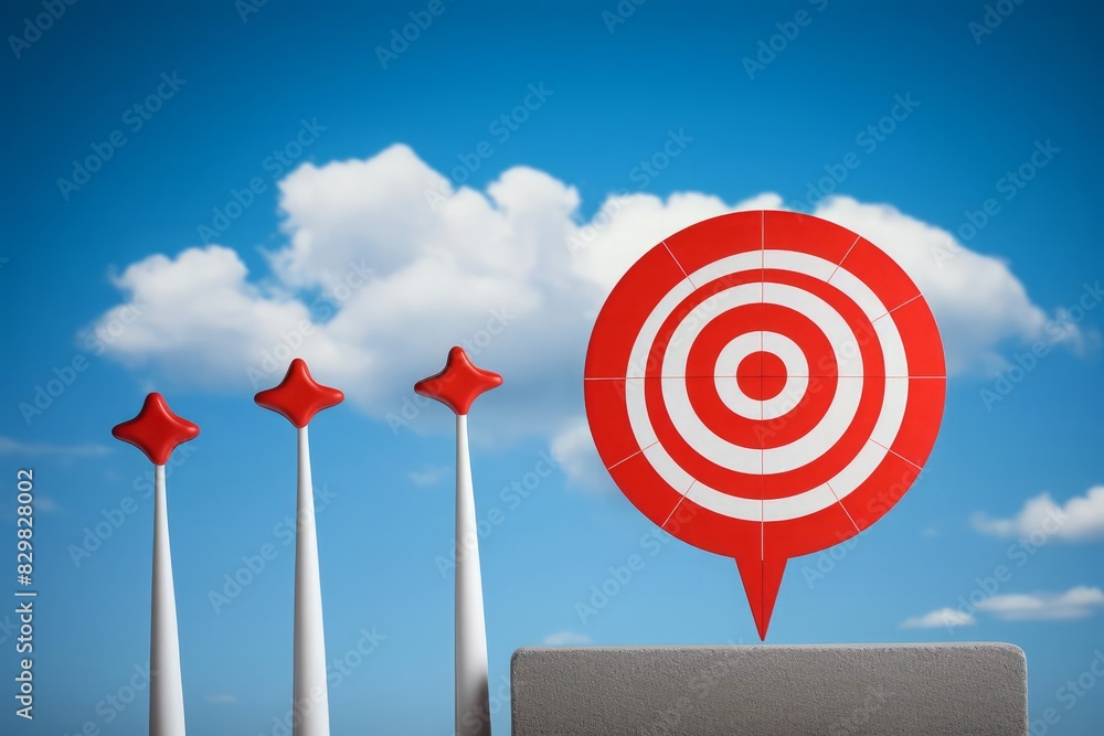 a bullseye target with an arrow hitting the center, colored in red and ...