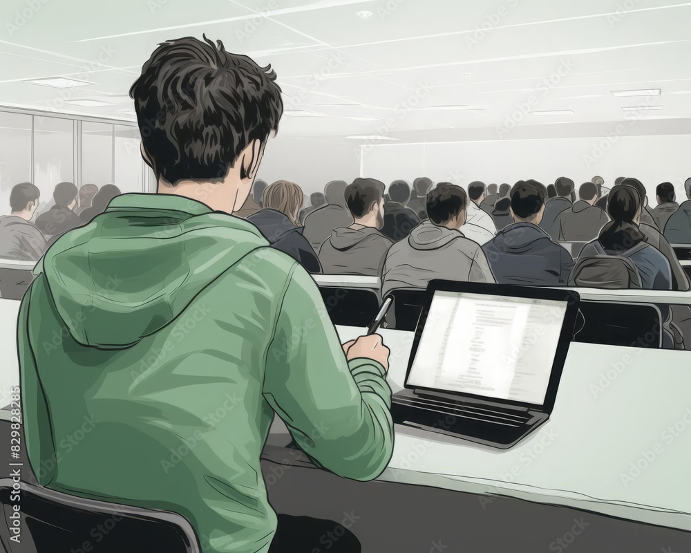 a student taking notes during a lecture, colored in green and white, on ...