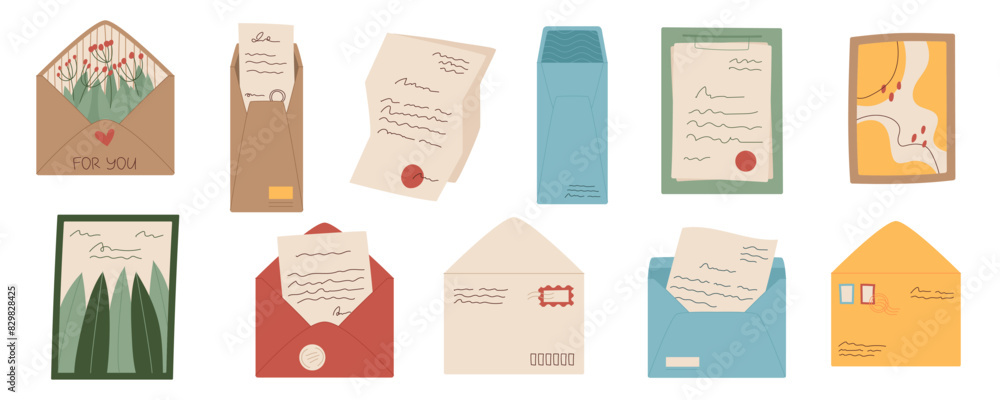 Flat handmade letters and postcards set, cartoon greeting postcard and ...