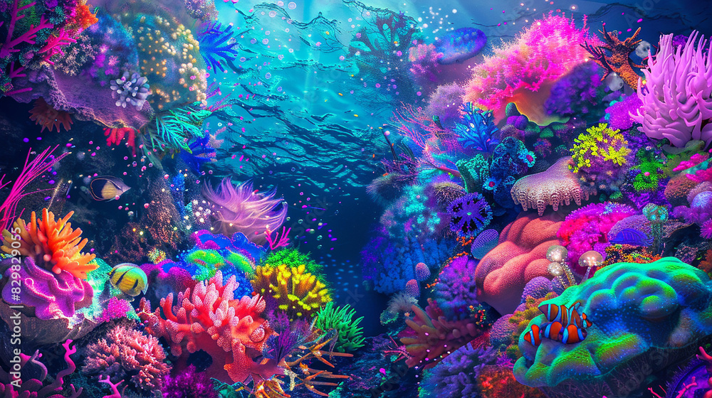Vibrant Underwater Scene with Neon Sea Creatures and Glowing Coral Reefs Stock Illustration ...