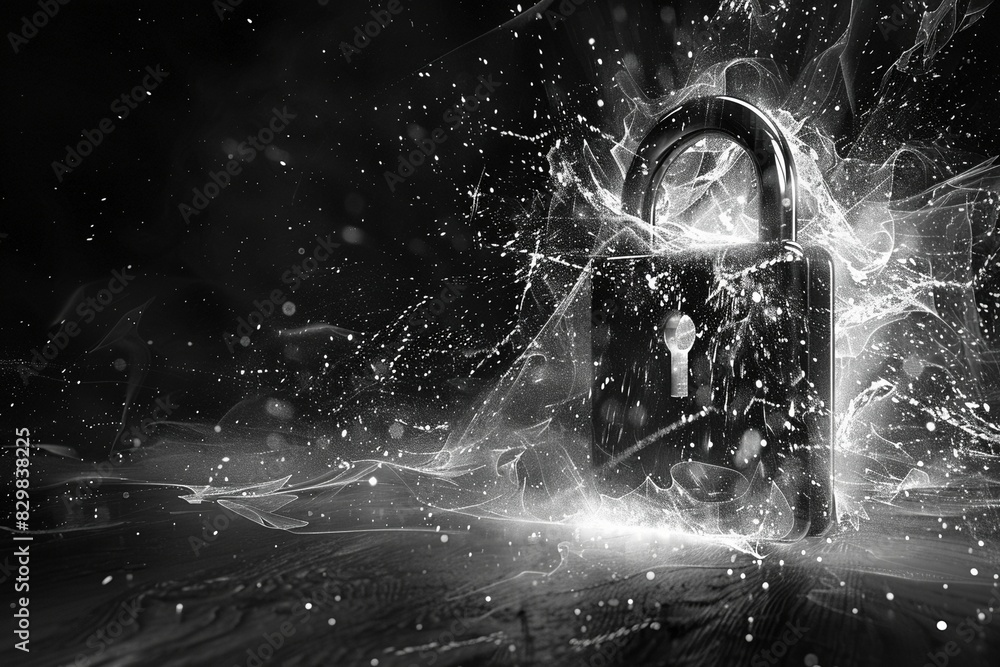 A cryptic lock, composed of pulsating grey circuit patterns with data ...