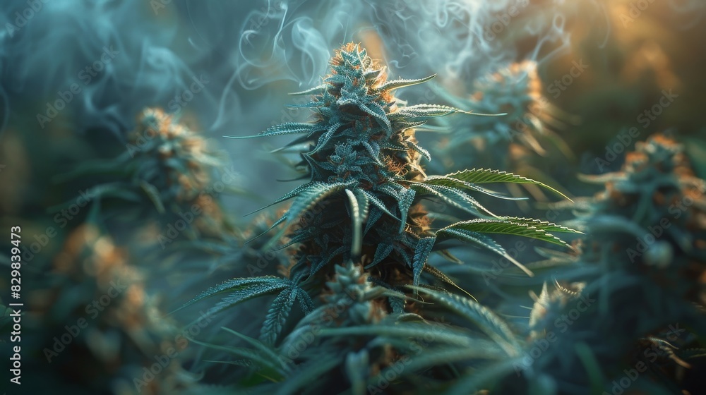 A close-up photo of a mature cannabis plant enveloped by misty smoke ...