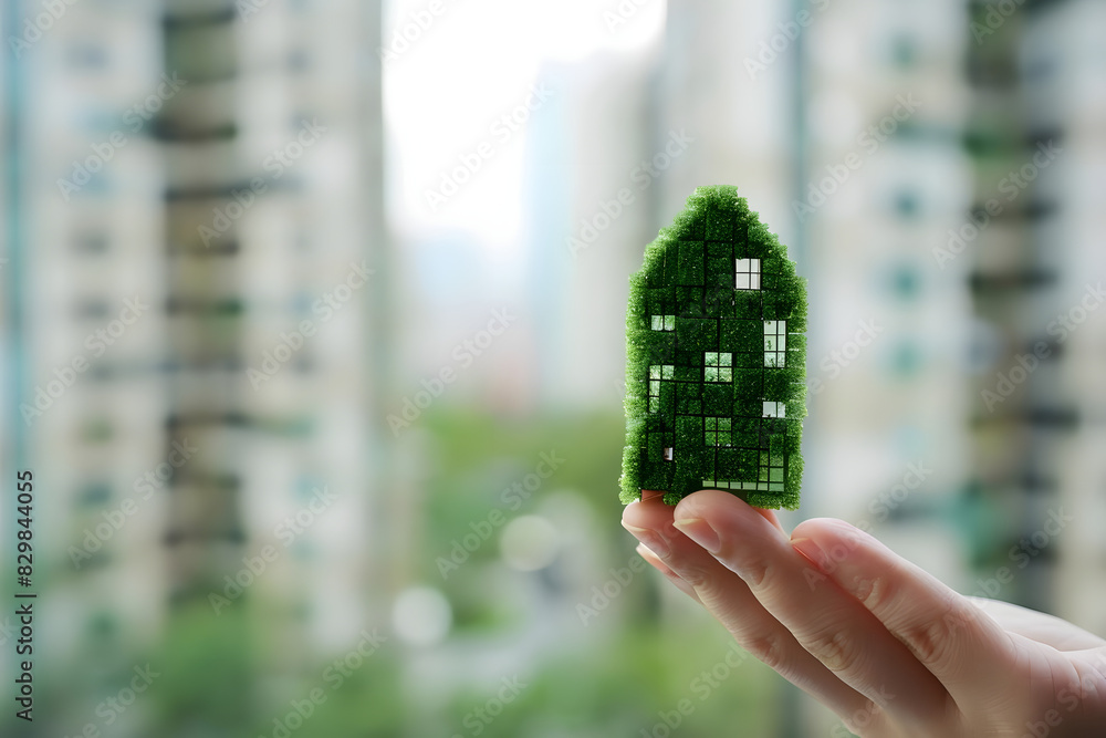 hand holding a green building icon. concept sustainable construction ...