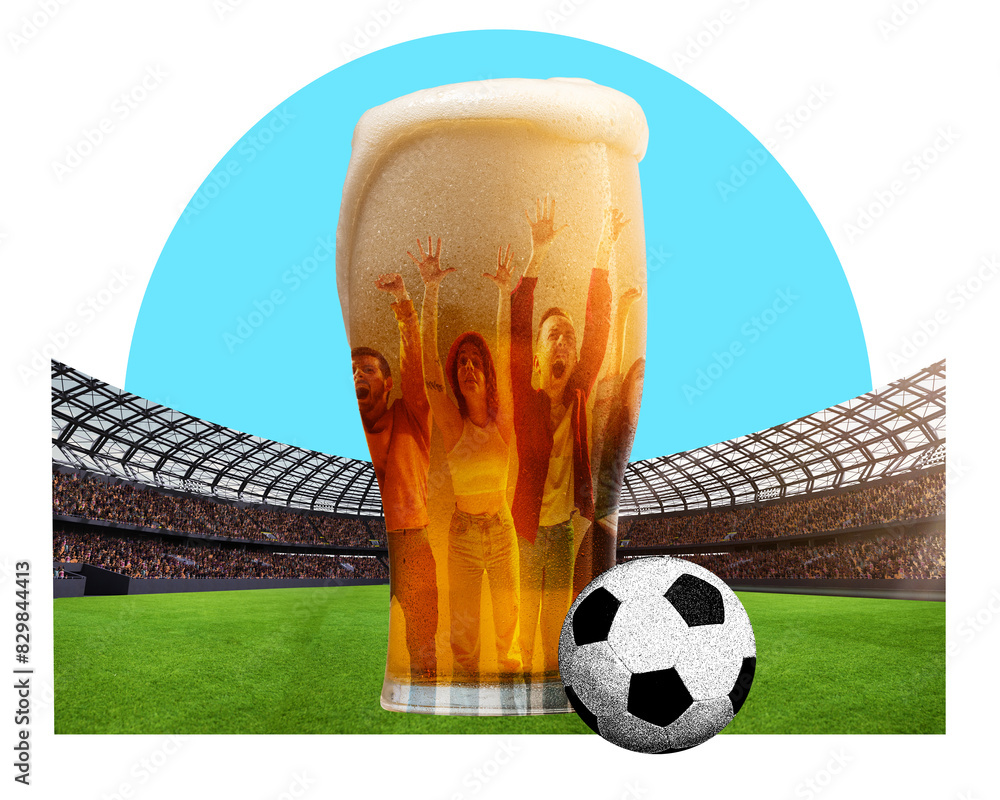 Poster. Contemporary art collage. Group of emotional, happy fans ...