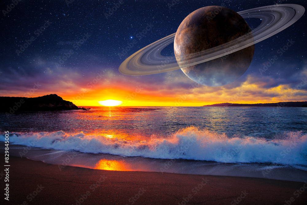 Sunset view from the surface of an alien world, alien landscape with at ...