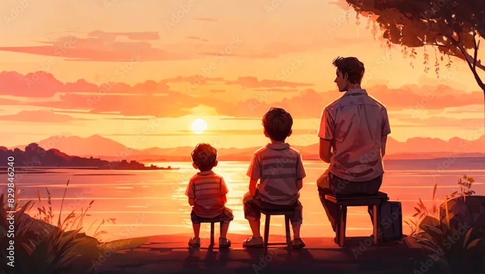 Fathers day. Back view of a little child boy sitting on his father's ...