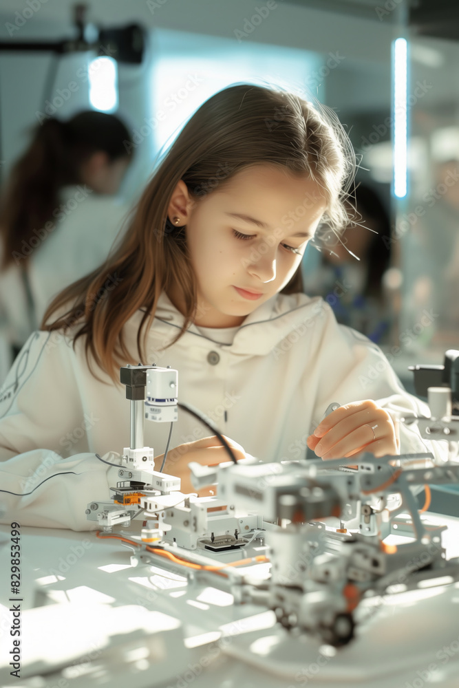 Ten years old girl constructing robotic device in robotics class. Teen ...
