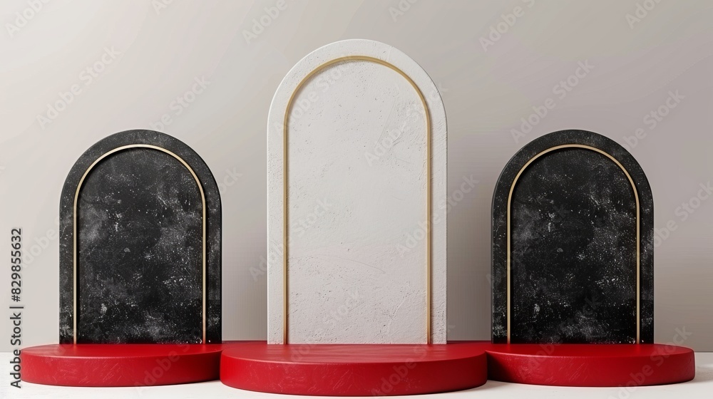 A minimalist podium display with three arched backdrops. The center ...