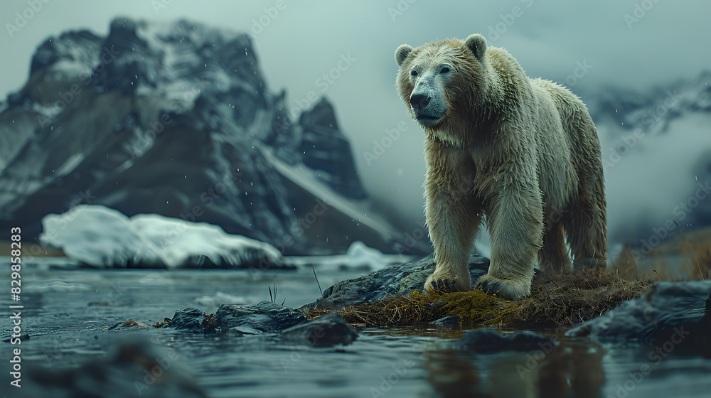 A solitary polar bear on a melting iceberg, rising sea levels, and a ...