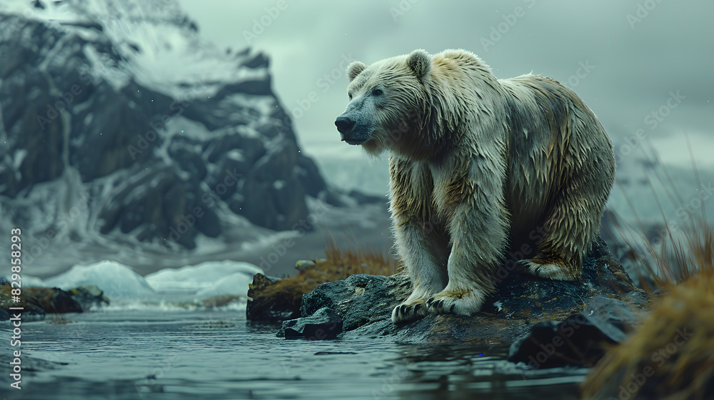 A solitary polar bear on a melting iceberg, rising sea levels, and a ...