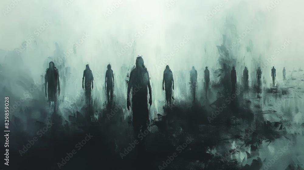Create a minimalist artwork featuring spooky silhouettes. Depict a ...