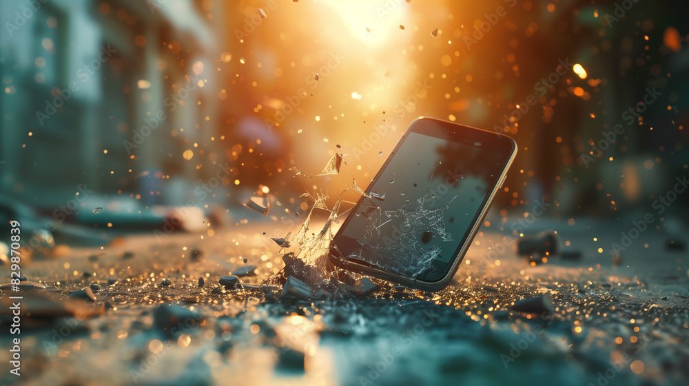 A smartphone falling down cracking screen in mid air on the street ...