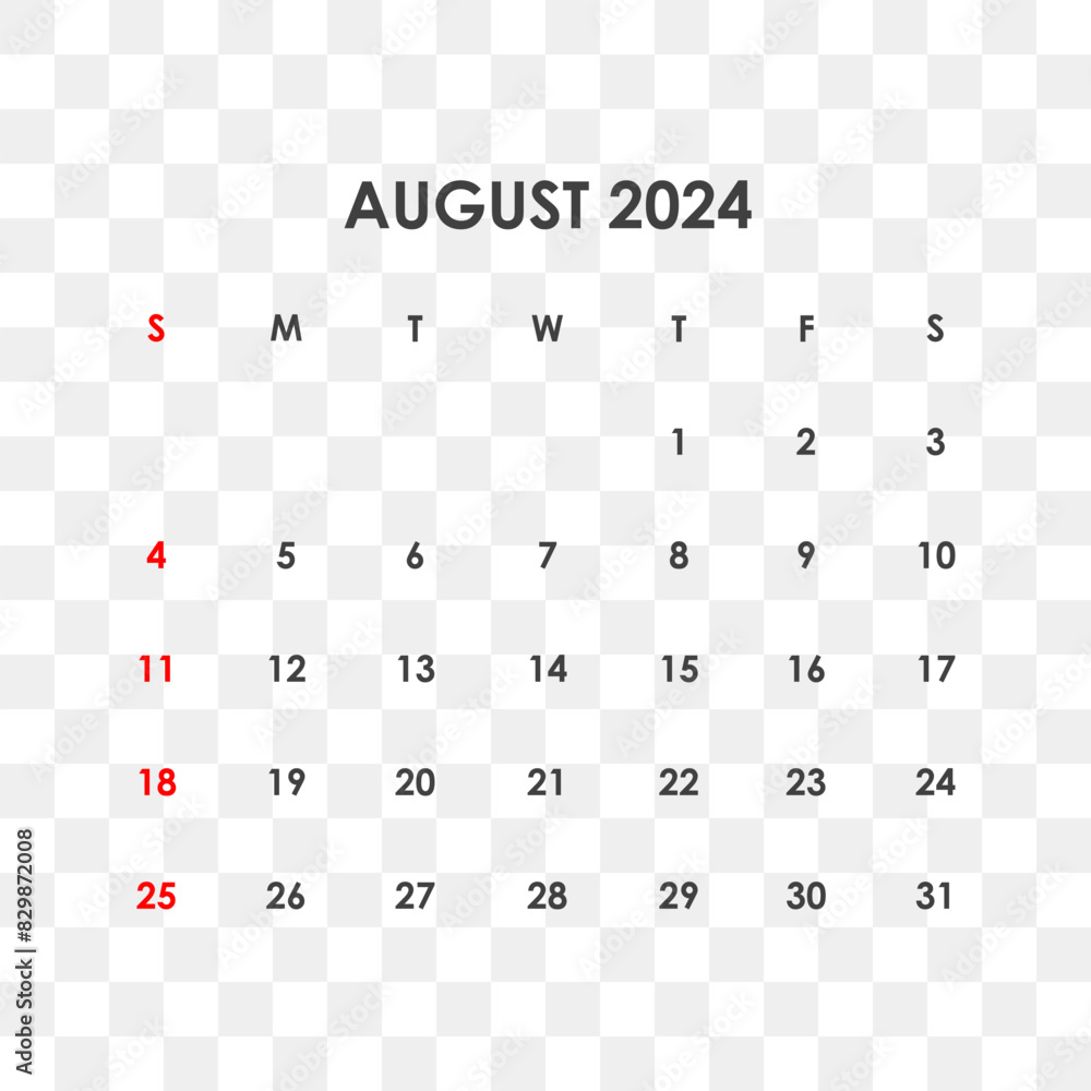 Calendar for August 2024. The week starts on Sunday. Stock Vector ...