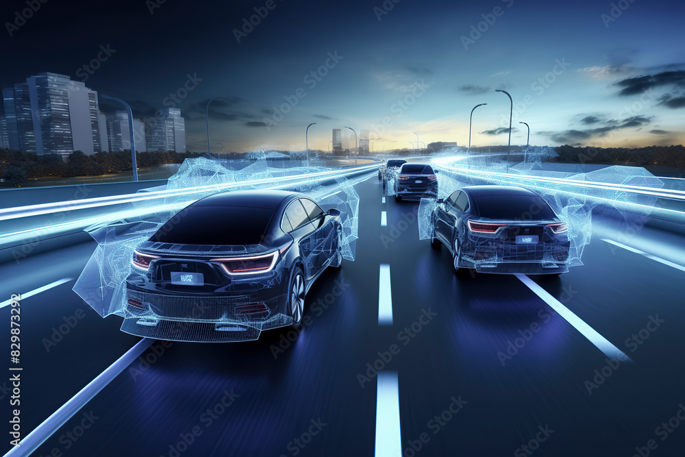 Cars with digital overlays on a highway at sunset, illustrating ...