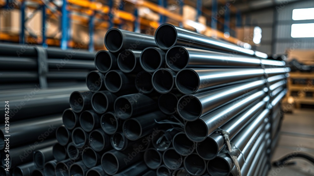 Stacks of black PVC plastic pipes with different diameters, organized ...
