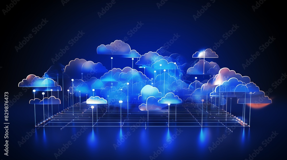 polygonal wireframe cloud connection blue background big data center ...