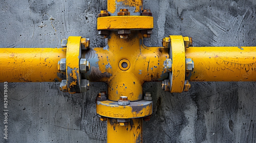 Detailed view of a yellow gas pipe installation, focusing on the pipe ...