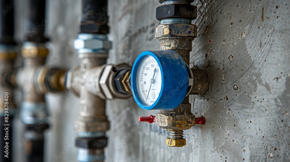 Detailed view of a newly installed water meter connected to pipes on a ...