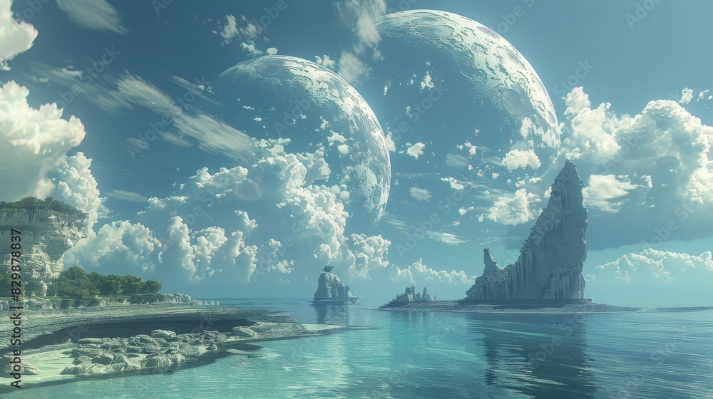 An extraterrestrial vista where massive, floating islands hover above a ...