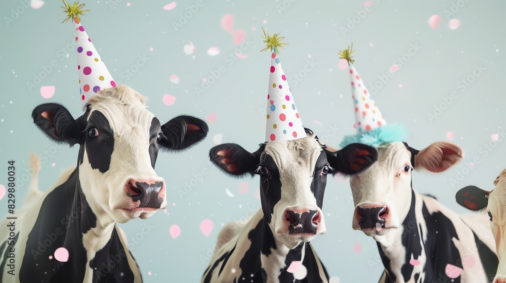 Three cows wearing party hats with confetti falling around them ...