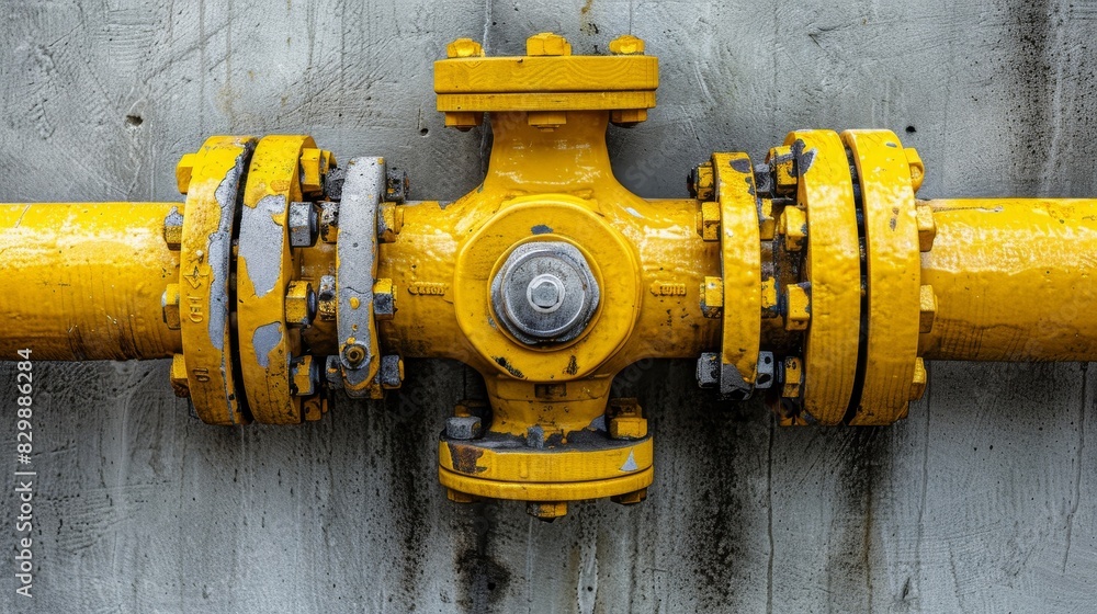 Close-up of a yellow gas pipe with a shut-off valve, installed on a ...