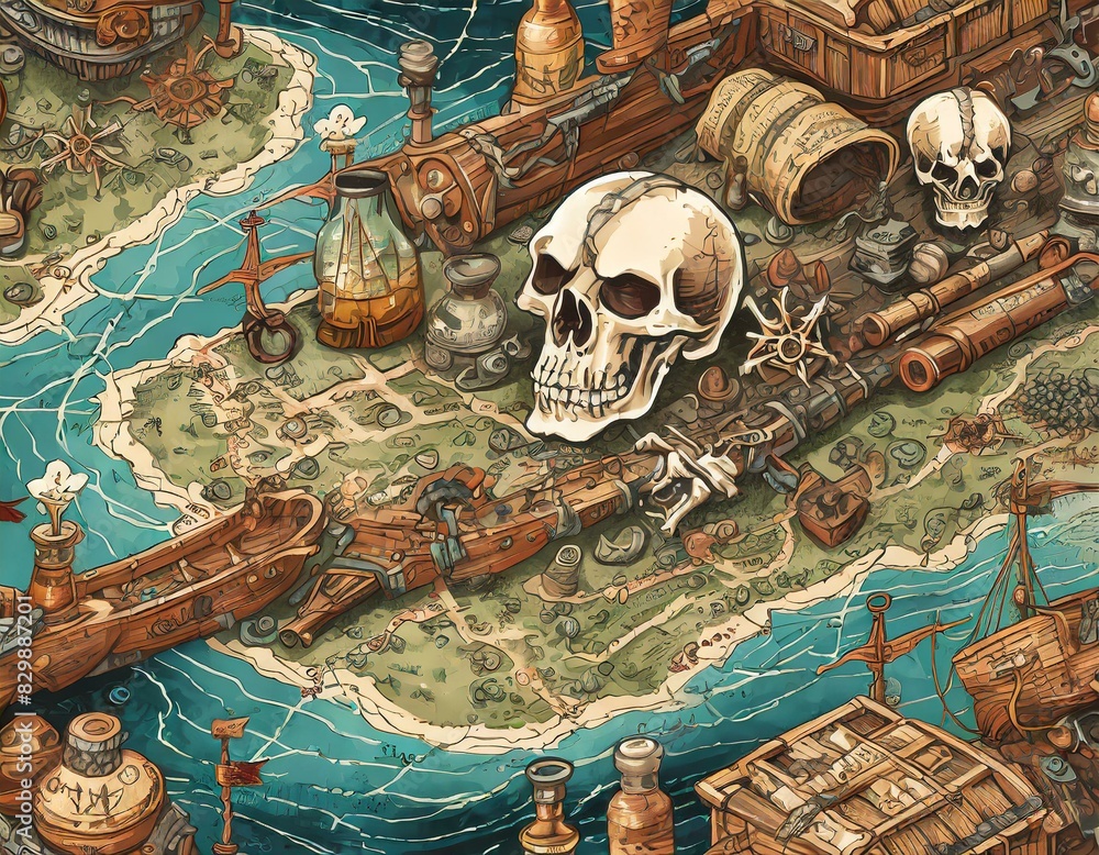 pirate map and skull.Seamless pattern of an old pirate map with a ...