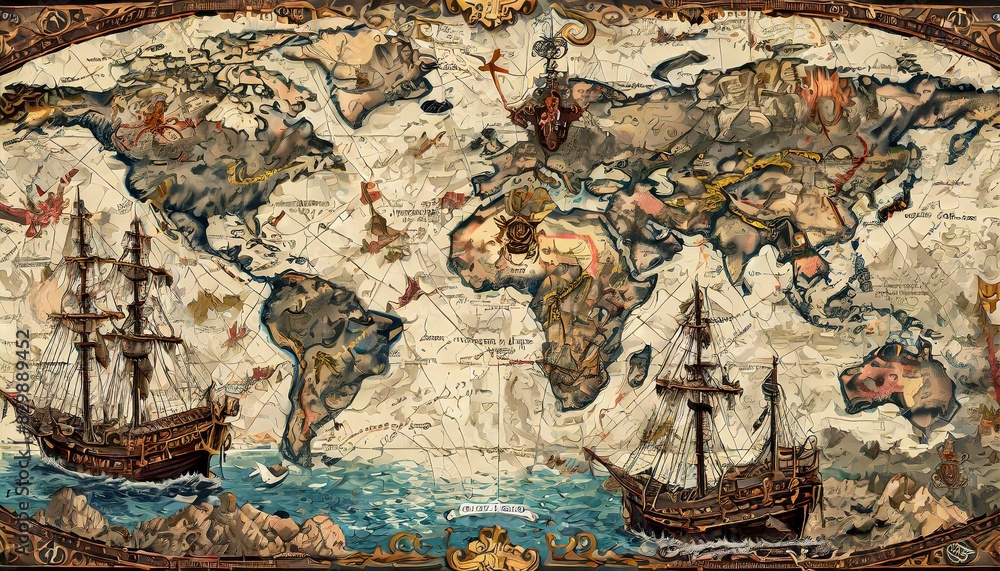 Vintage old world map with pirate motifs, including skulls, rum bottles ...