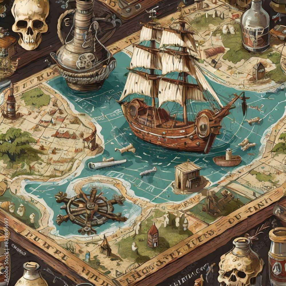 pirate map.an old pirate map, featuring vintage elements such as skulls ...