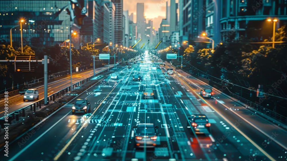 highway at night with cars driving on it. The cars are connected to ...