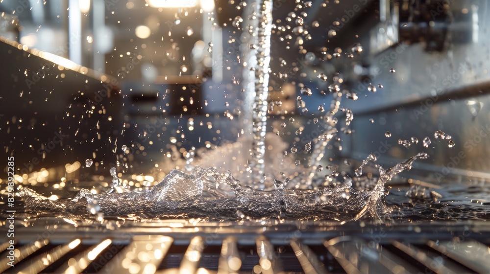 A close-up of water spraying from a pull-down kitchen faucet, splashing ...